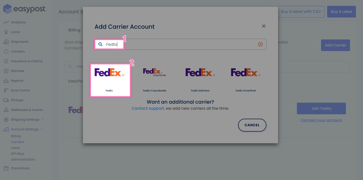Carrier Account Management (FedEx, USPS, UPS) in EasyPost