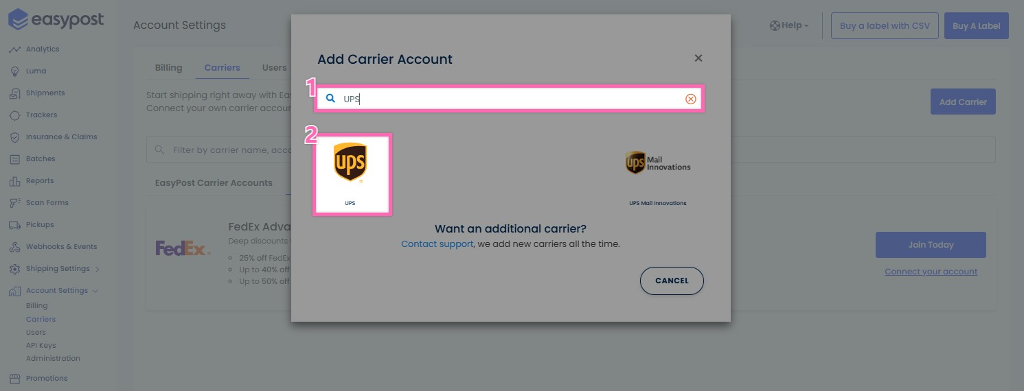 Carrier Account Management (FedEx, USPS, UPS) in EasyPost