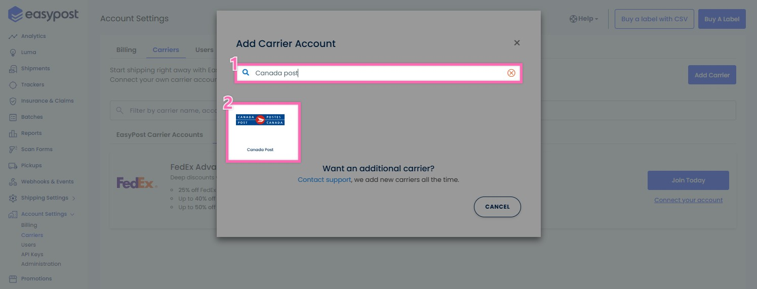 Carrier Account Management (FedEx, USPS, UPS) in EasyPost